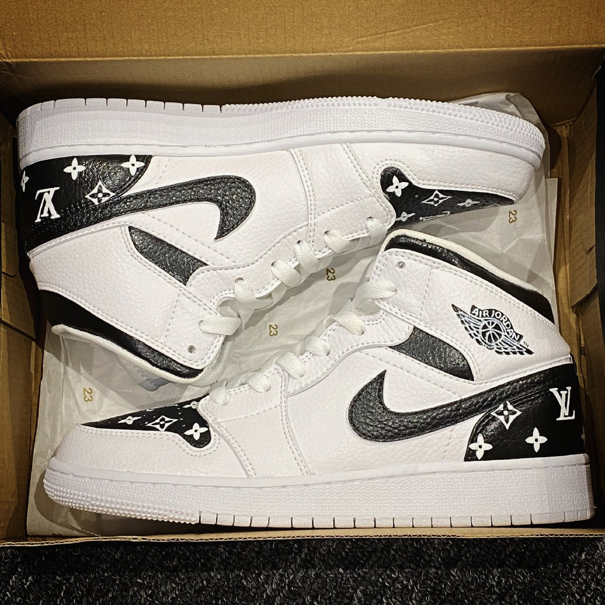 Custom Jordans White Black LV Logo – Unite Custom