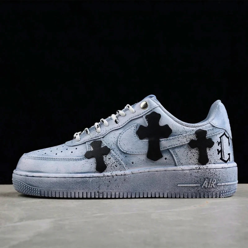 Custom Air Force 1 Blue With Cross Patterns Chrome Hearts – Unite Custom