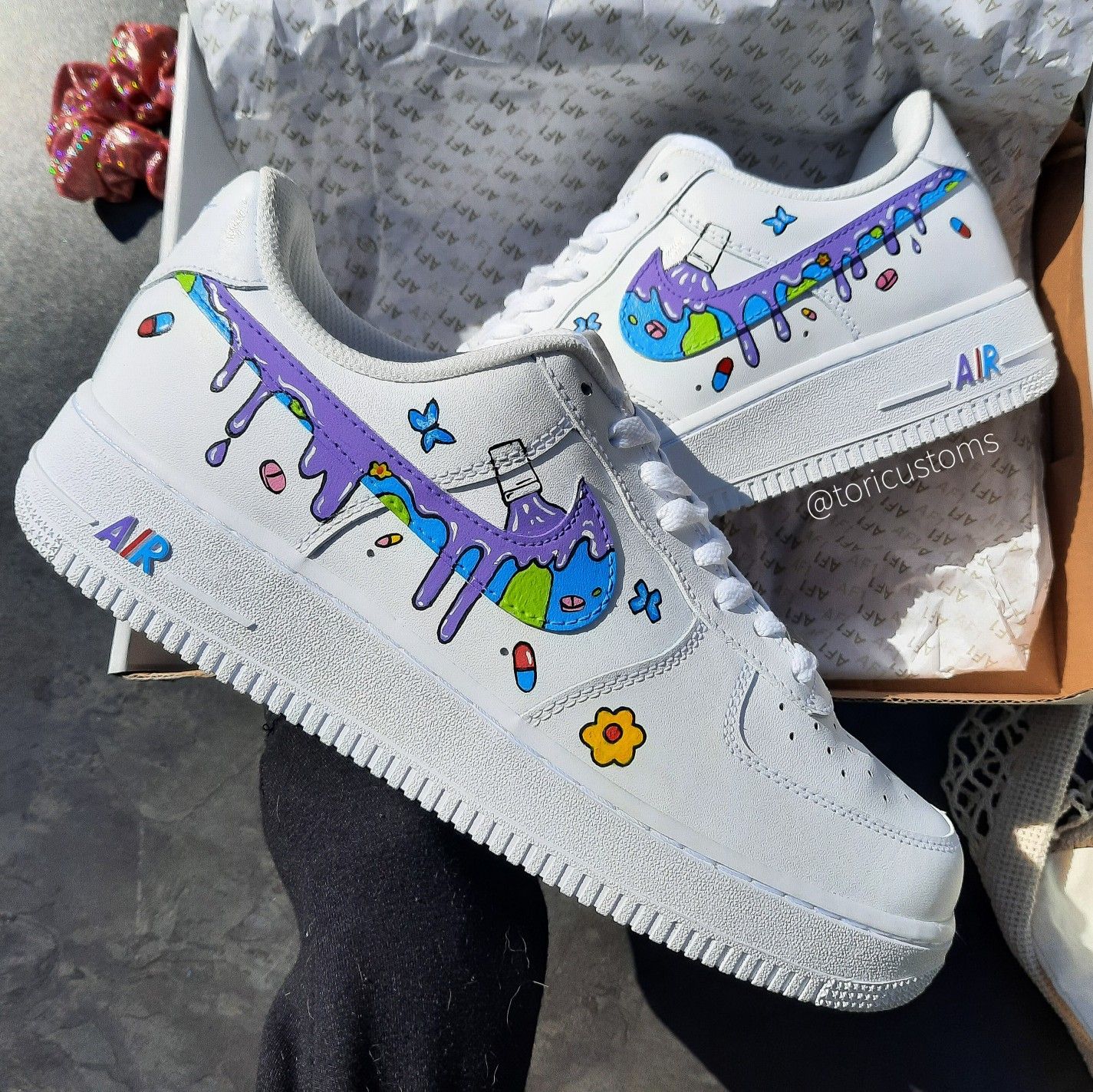 Custom Air Force 1 Cartoon Drip Pattern Purple Green – Unite Custom