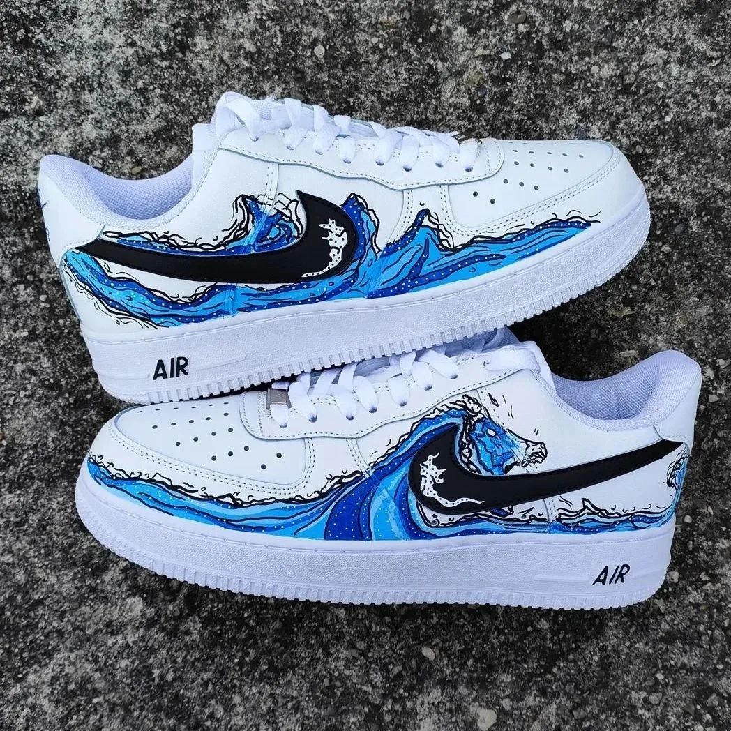 Custom Air Force 1 Dynamic Blue Black Curved Wave Pattern – Unite Custom