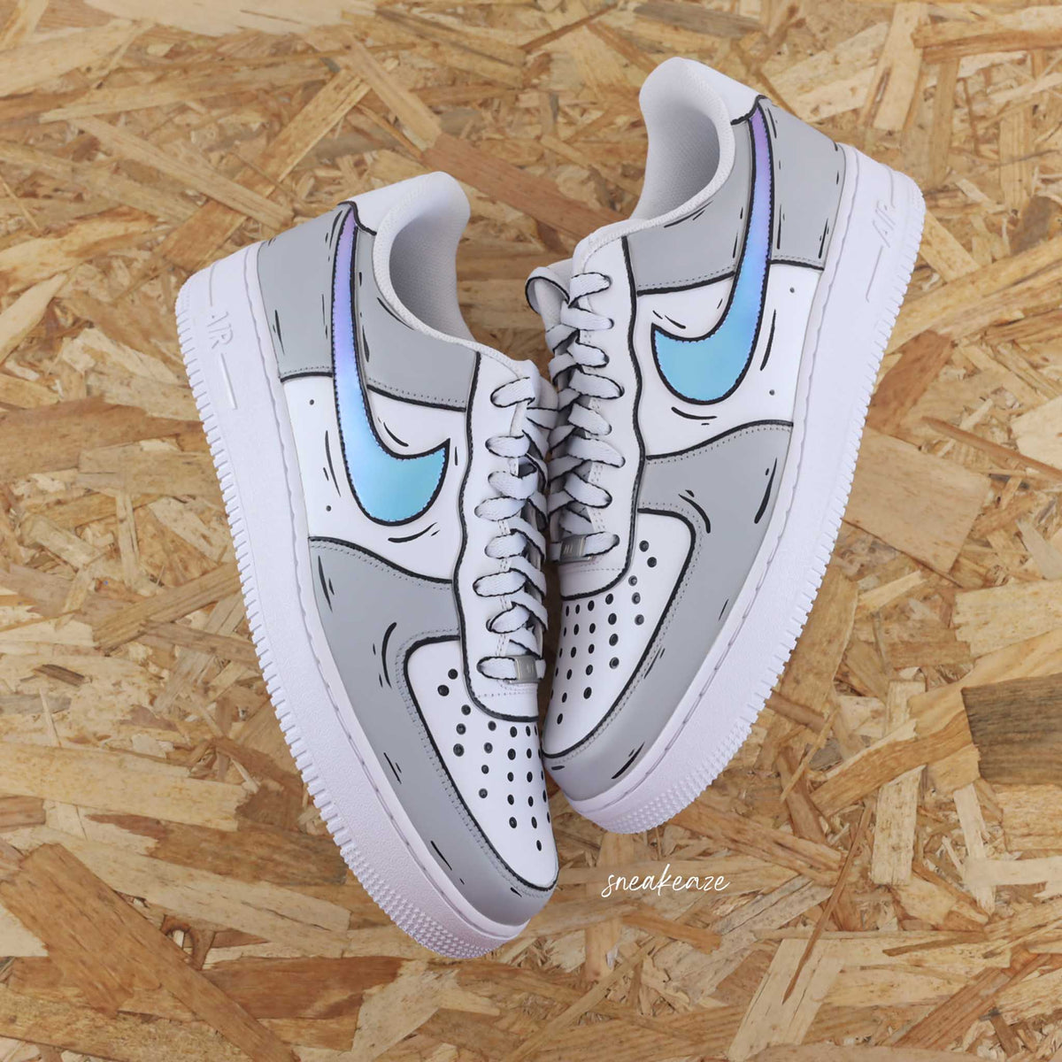 Custom Air Force 1 White Grey Baby Blue Cartoon Pattern – Unite Custom