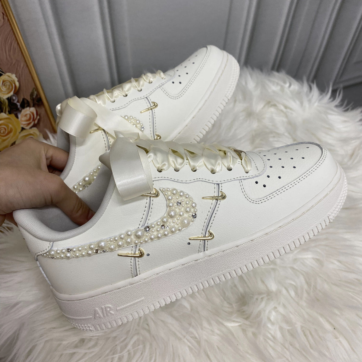 Custom Air Force 1 White With Pearls And Satin Ribbons – Unite Custom