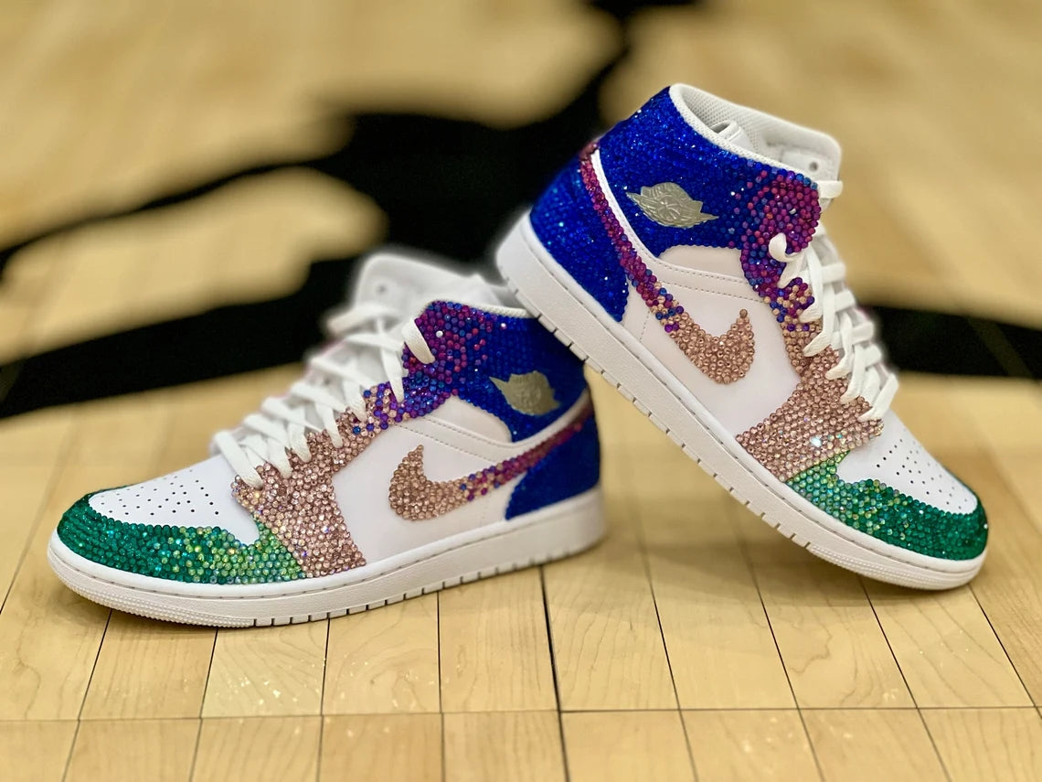 Custom Air Jordan 1 White Blue Green With Rhinestones – Unite Custom
