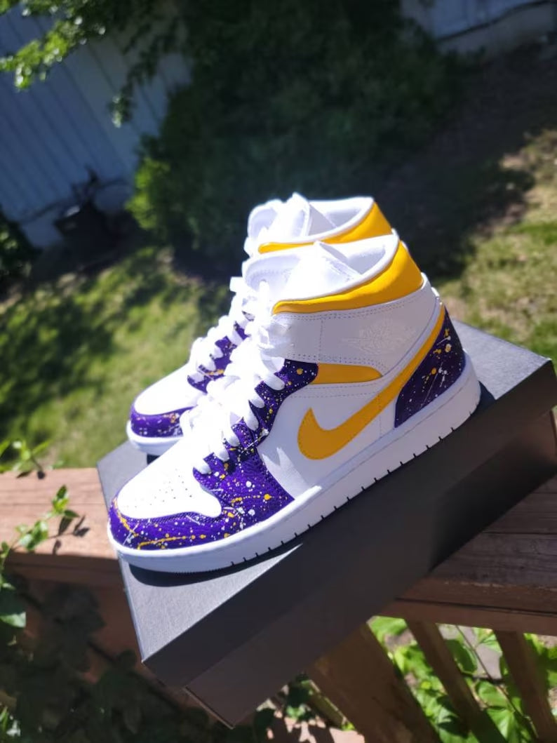 Custom Air Jordan 1 White Purple Yellow Splatter Pattern – Unite Custom