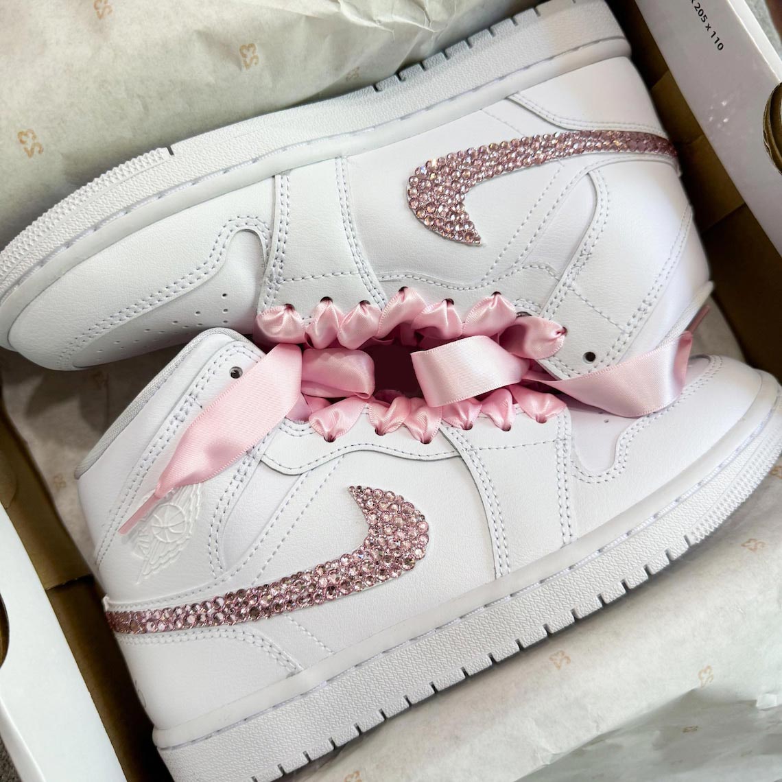 Custom Air Jordan 1 White With Baby Pink Rhinestones And Ribbons ...