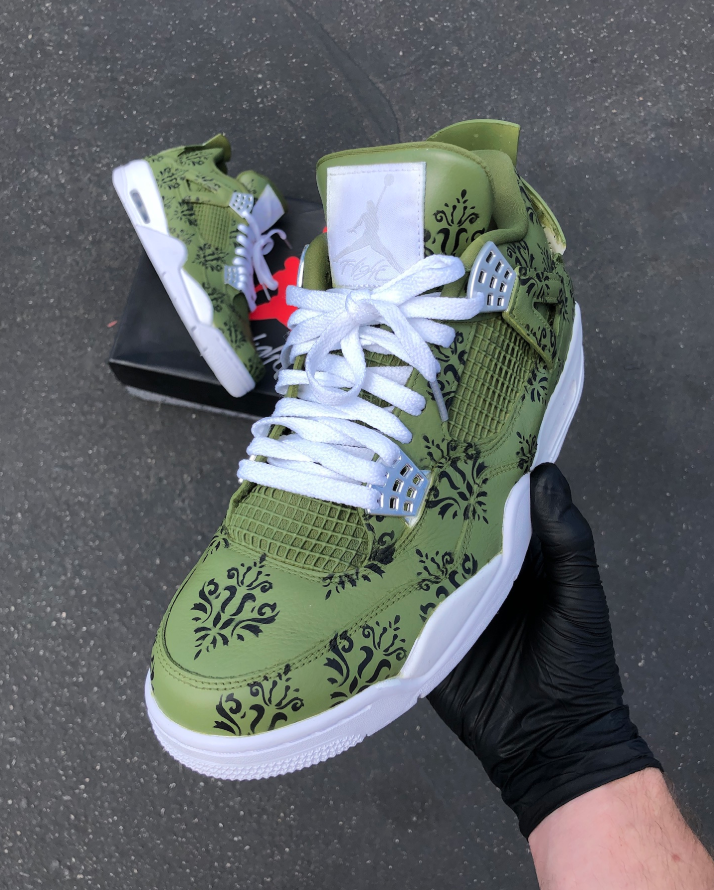 Custom Air Jordan 4 Olive Green with Black Floral Patterns – Unite Custom